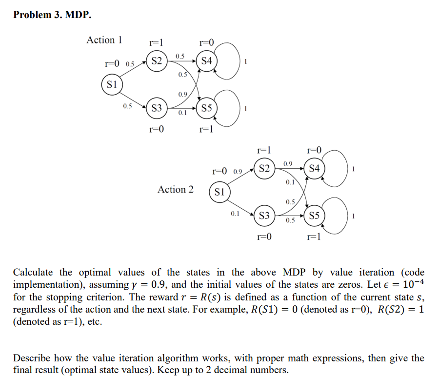 Problem 3. MDP. Action 1 r=1 r=0 0.5 r=0 0.5 S2 S4 | Chegg.com