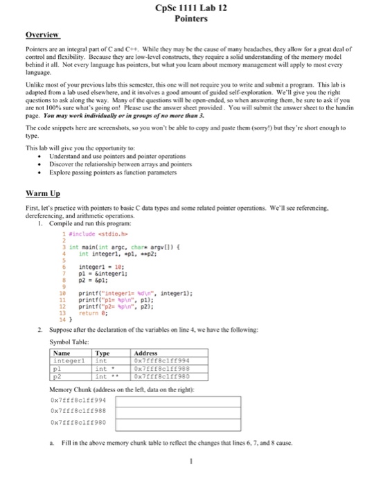 Solved CpSe 1111 Lab 12 Pointers Overview Pointers are an | Chegg.com