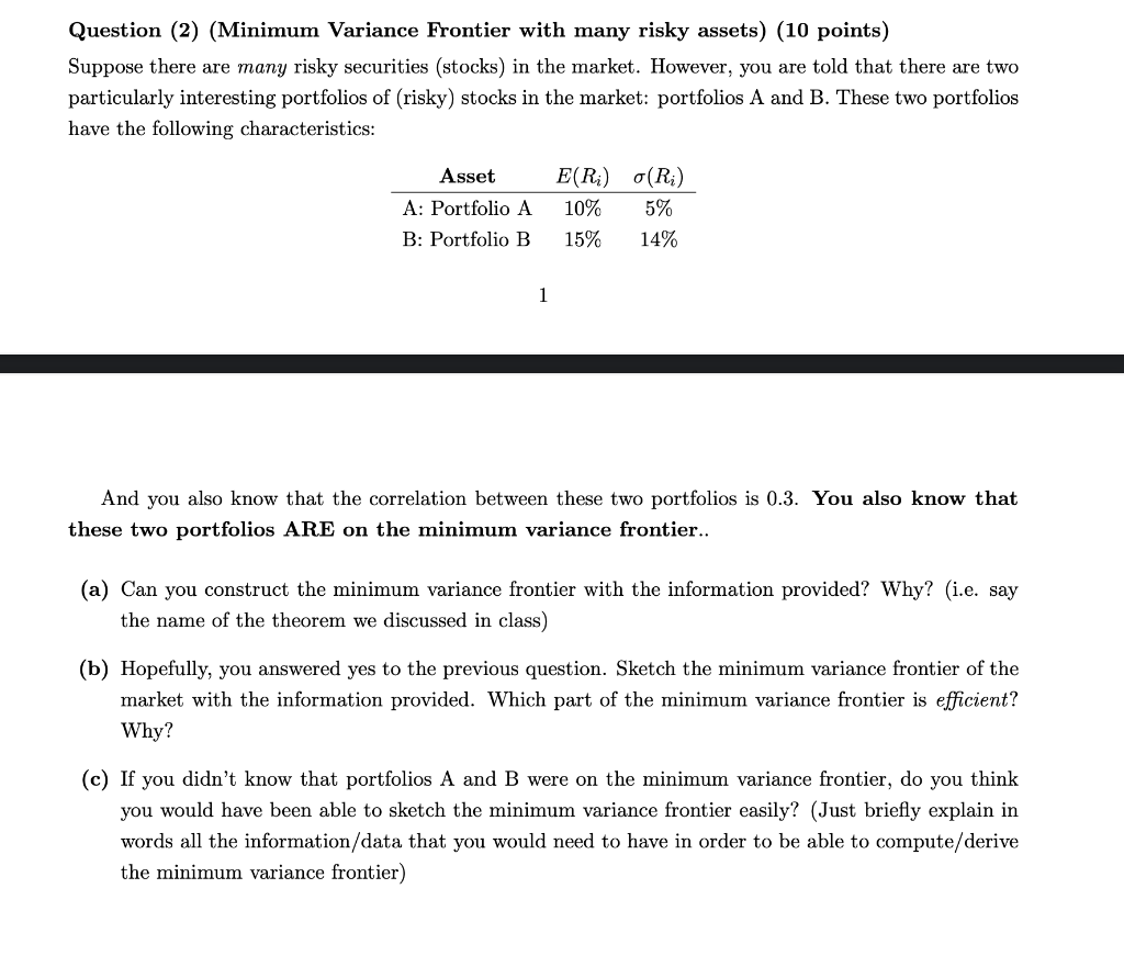 Question (2) (Minimum Variance Frontier with many | Chegg.com