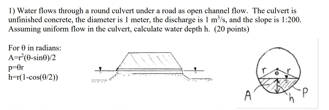 Solved 1) Water flows through a round culvert under a road | Chegg.com