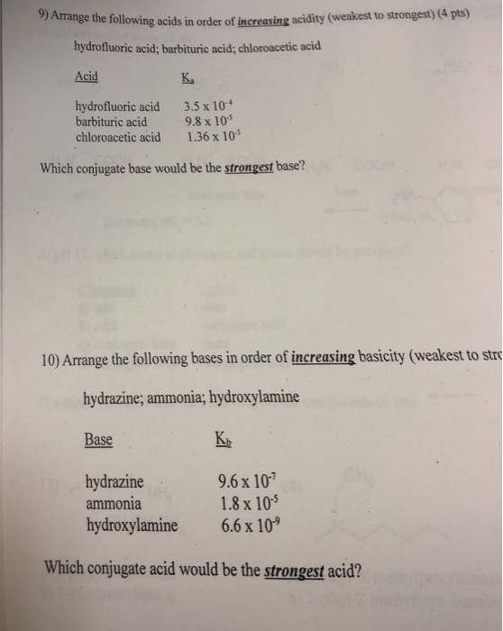Solved 9) Arrange the following acids in order of increasing | Chegg.com