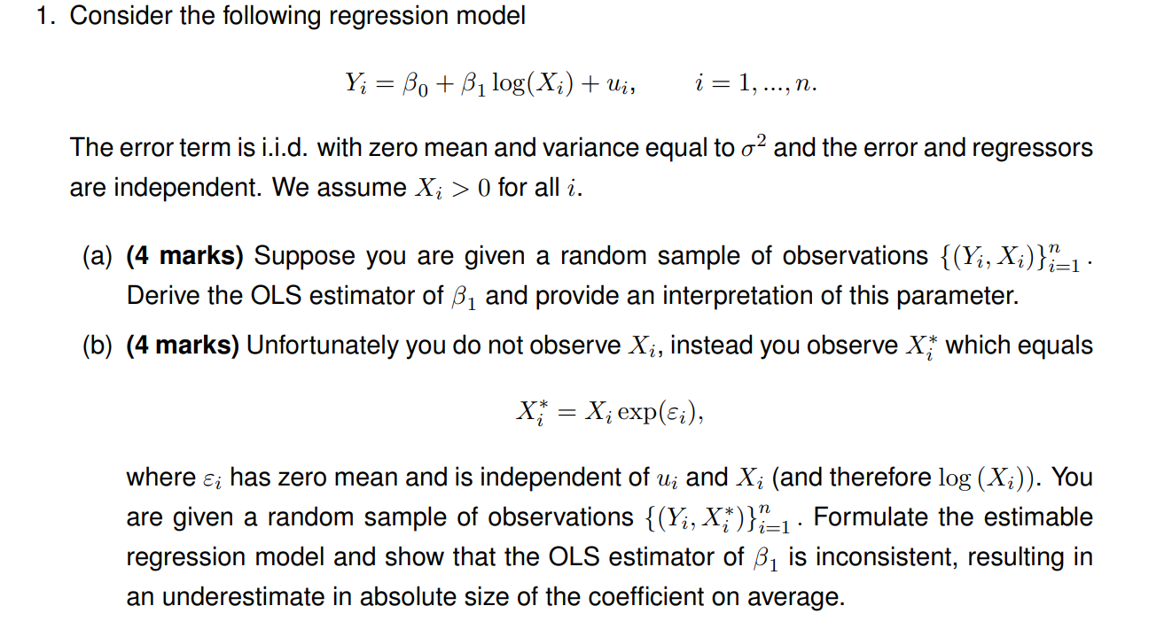 Solved 1. Consider the following regression model Y; = Bo + | Chegg.com