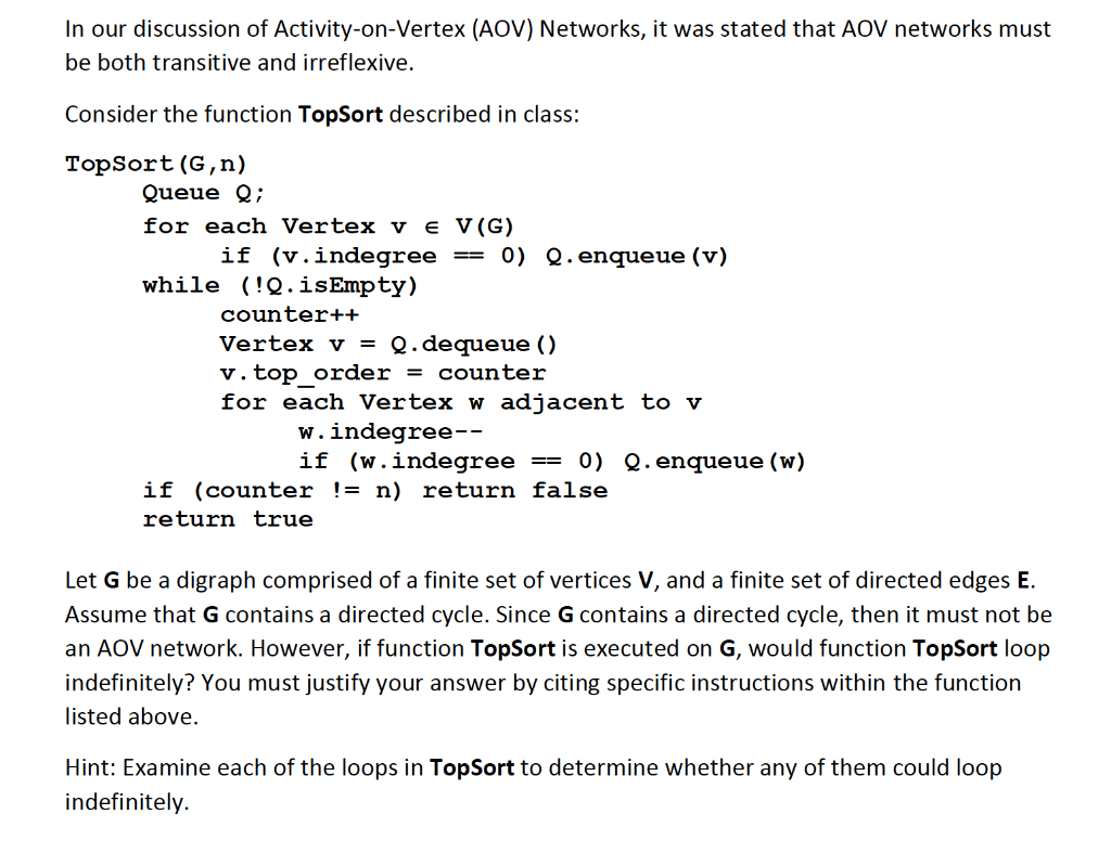 Solved In our discussion of Activity-on-Vertex (AOV) | Chegg.com