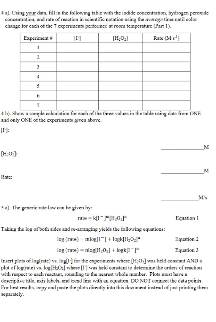 4 ﻿a). ﻿Using your data, fill in the following table | Chegg.com