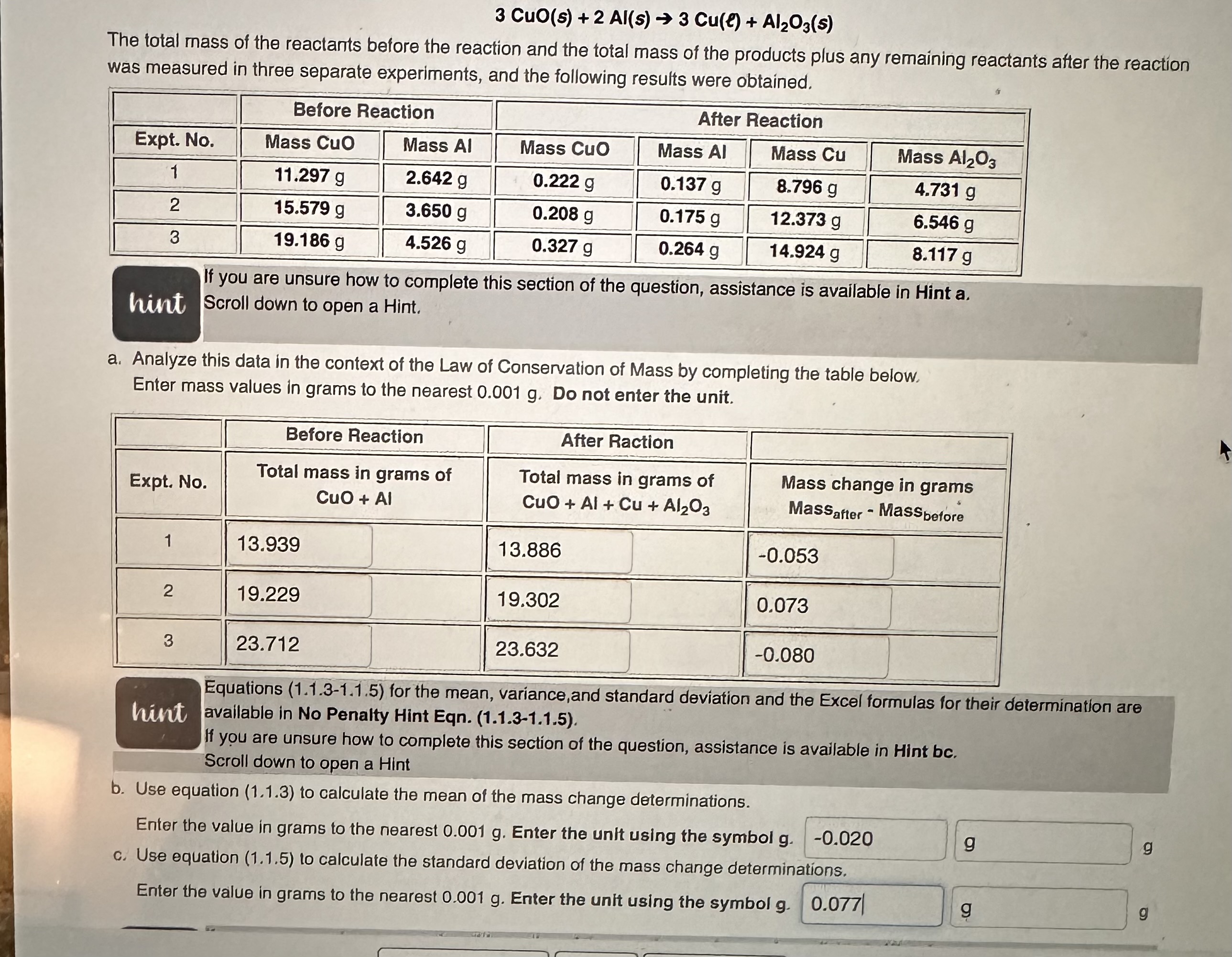 Solved 3CuO(s)+2Al(s)→3Cu(ℓ)+Al2O3( s) The total mass of the | Chegg.com