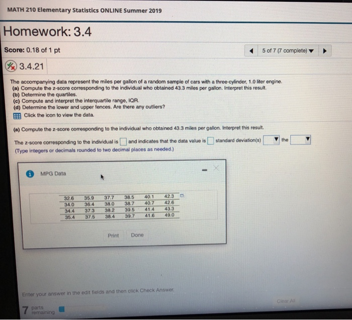 Solved MATH 210 Elementary Statistics ONLINE Summer 2019 | Chegg.com
