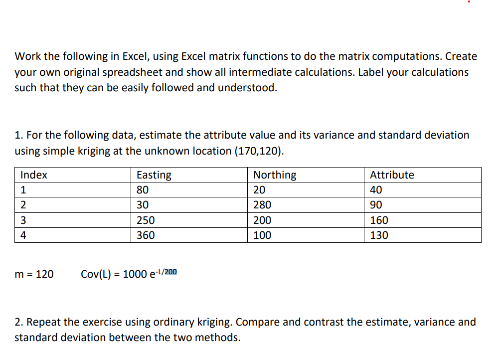 Work the following in Excel, using Excel matrix | Chegg.com