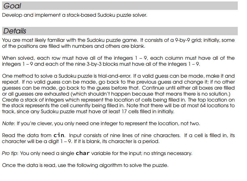 Solved Develop and implement a stack-based Sudoku puzzle | Chegg.com