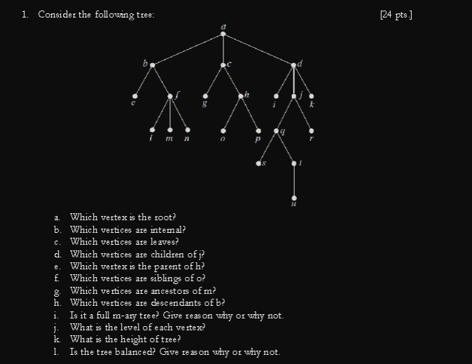 Solved 1. Consider the following tree: a. Which vertex is | Chegg.com