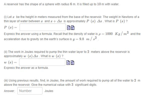 Solved A reservoir has the shape of a sphere with radius 6 | Chegg.com
