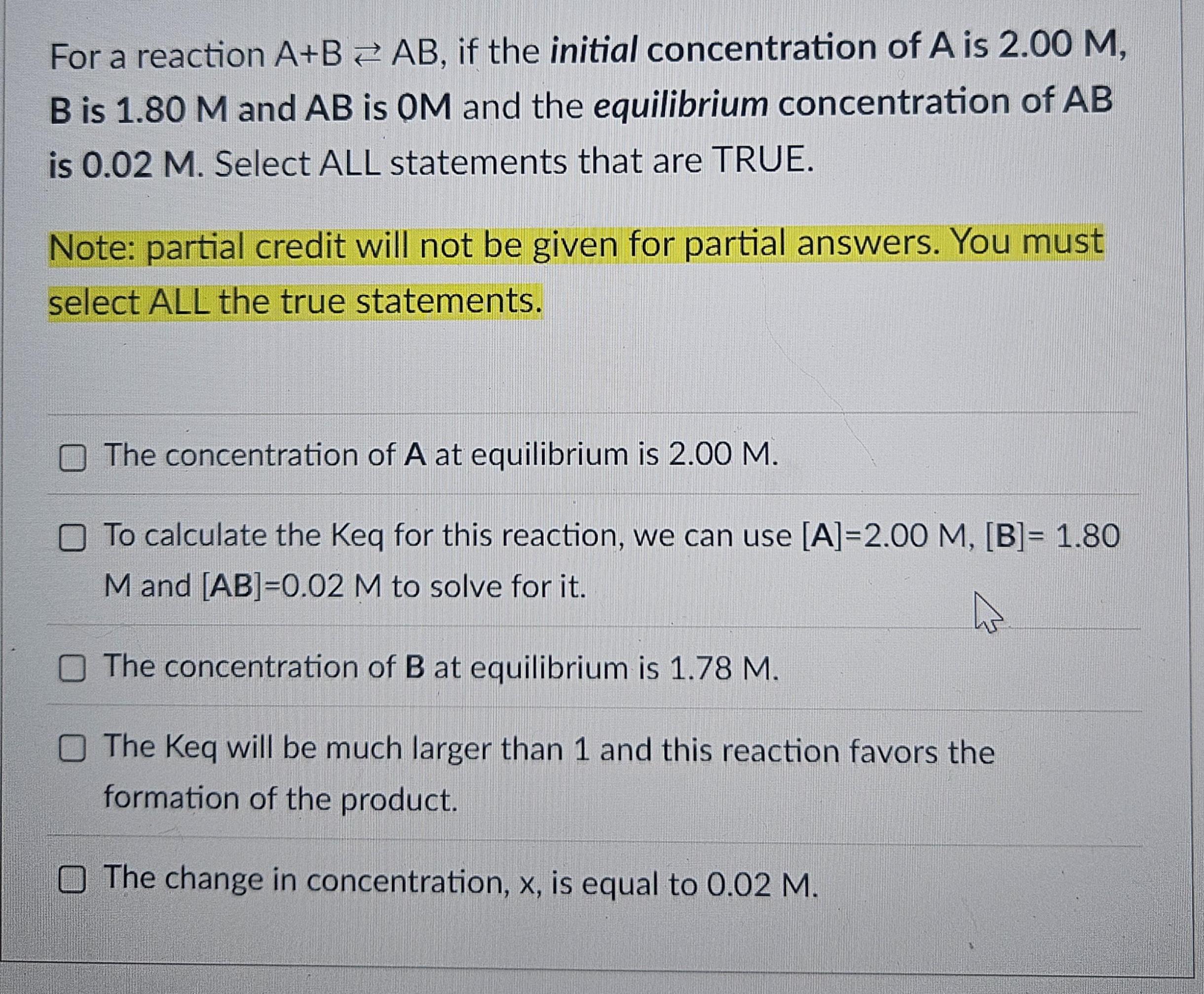 Solved For a reaction A+B⇄AB, if ﻿the initial concentration | Chegg.com