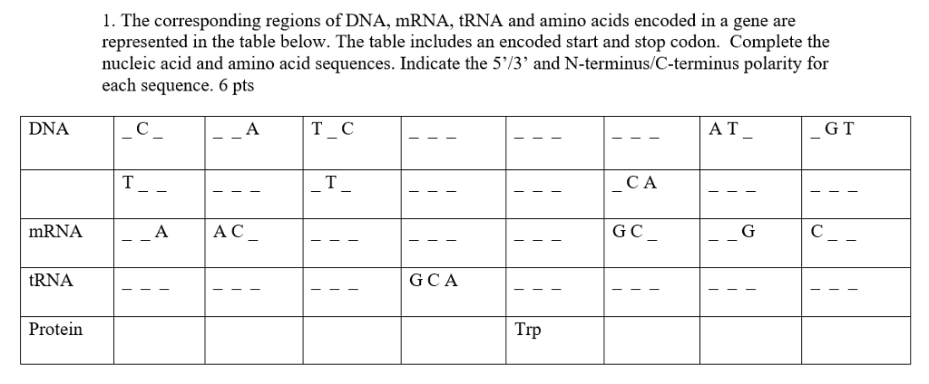 Solved 1. The corresponding regions of DNA, mRNA, tRNA and | Chegg.com