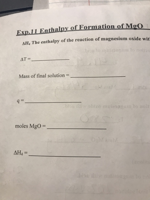 Exp.11 Enthalpy of Formation of MgO Data Table AH, | Chegg.com