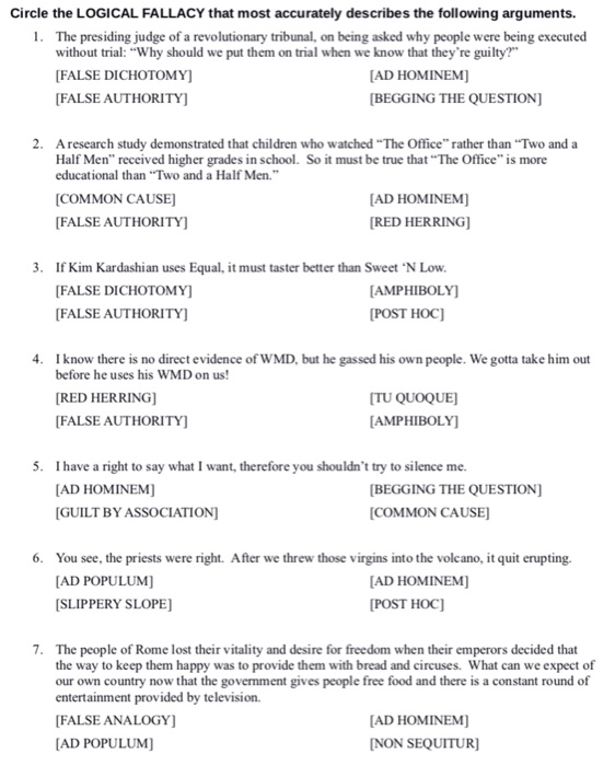 Solved Circle the LOGICAL FALLACY that most accurately | Chegg.com