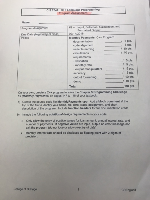 Solved CIS 2541: C+ Language Programming Program Assignment | Chegg.com