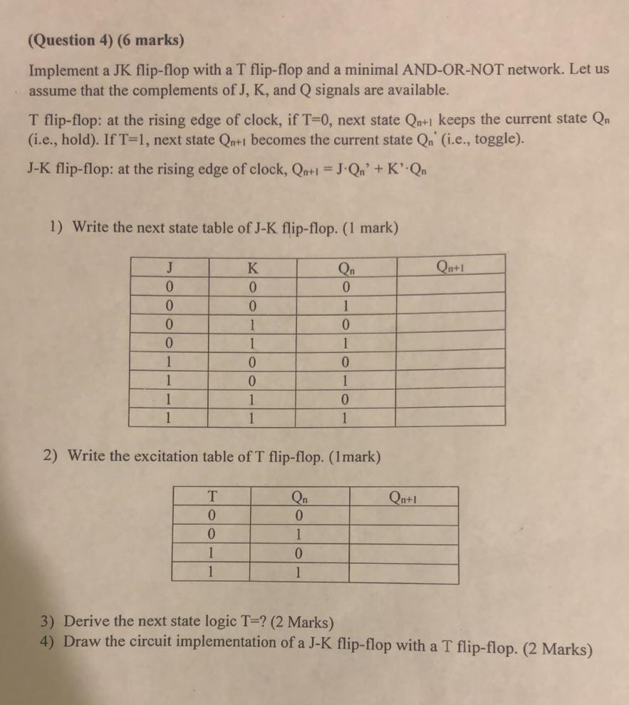 Solved (Question 4) (6 marks) Implement a JK flip-flop with | Chegg.com