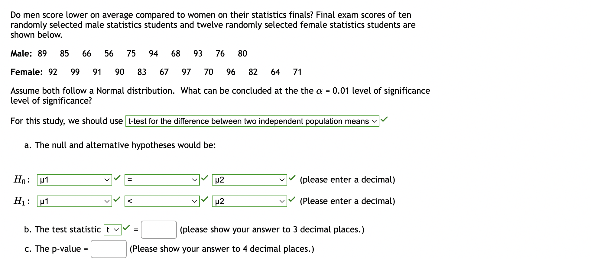 Solved Do men score lower on average compared to women on | Chegg.com