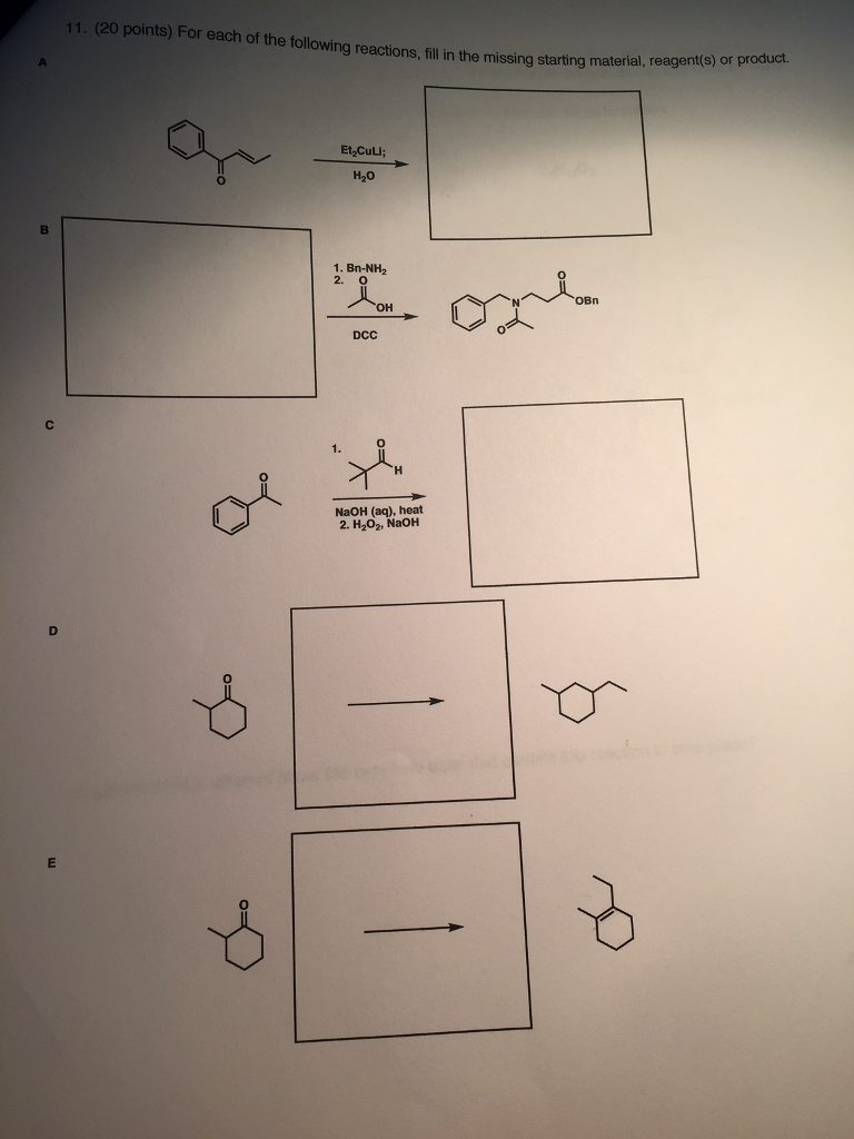Solved For each of the following reactions, fill in the | Chegg.com
