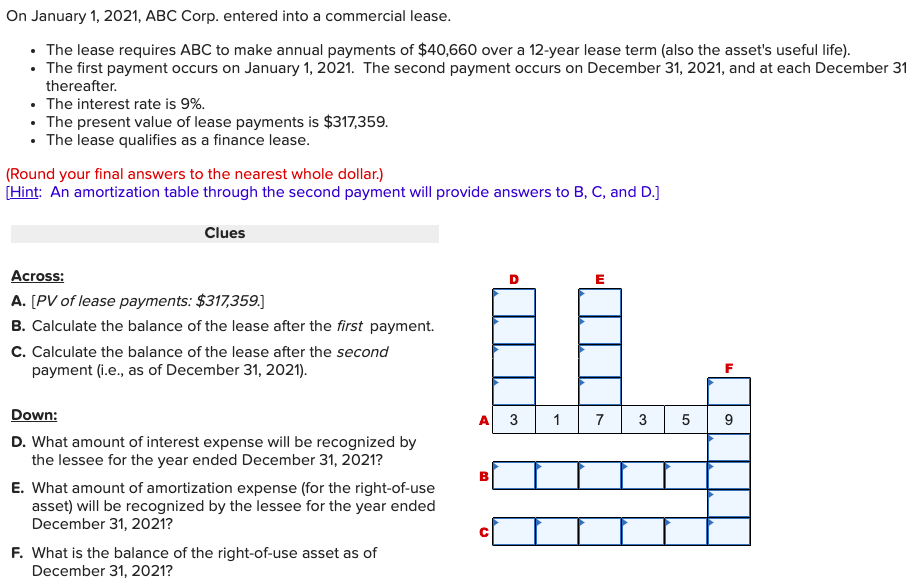 Solved On January 1, 2021, ABC Corp. entered into a | Chegg.com