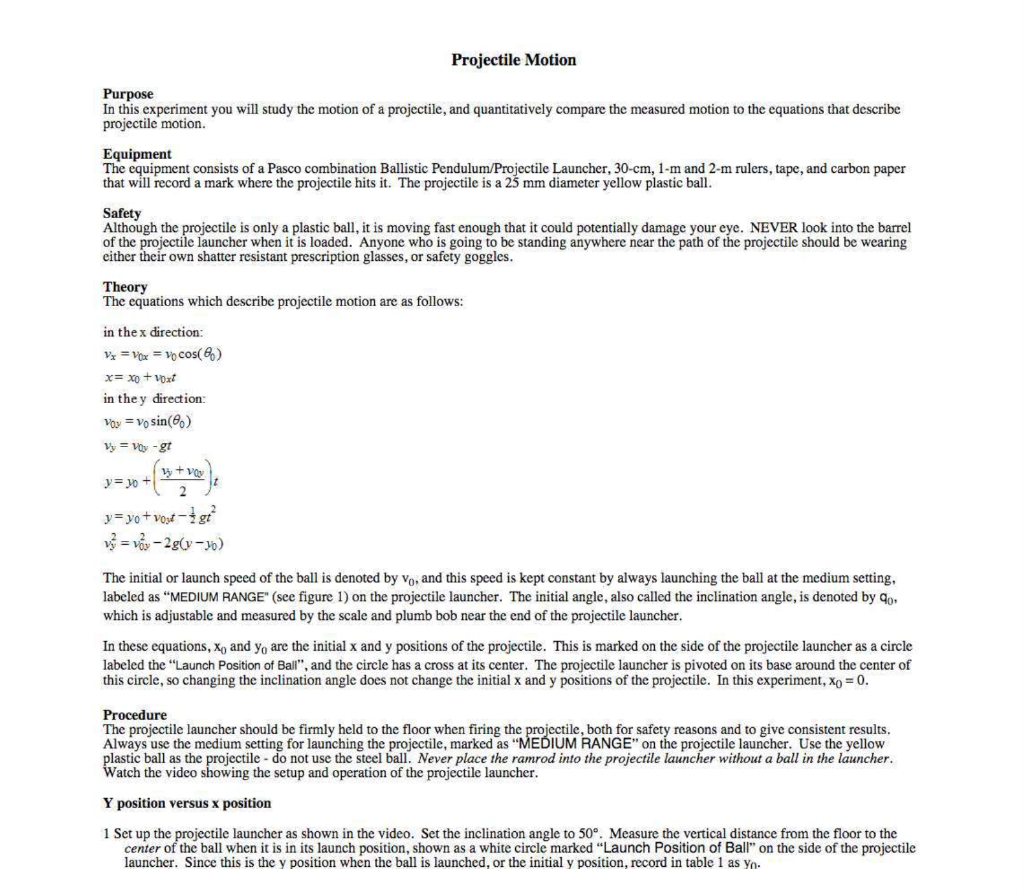 Projectile Motion Purpose In this experiment you will | Chegg.com