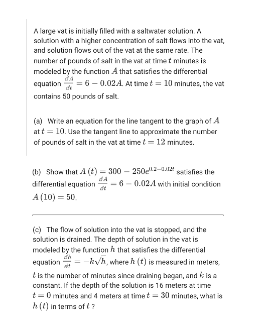 Solved A large vat is initially filled with a saltwater | Chegg.com