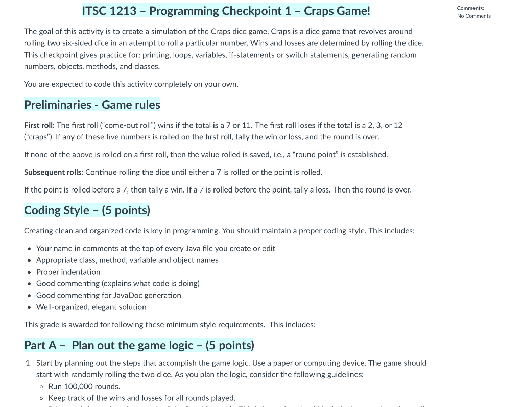 Solved ITSC 1213 - Programming Checkpoint 1 - Craps Game! | Chegg.com
