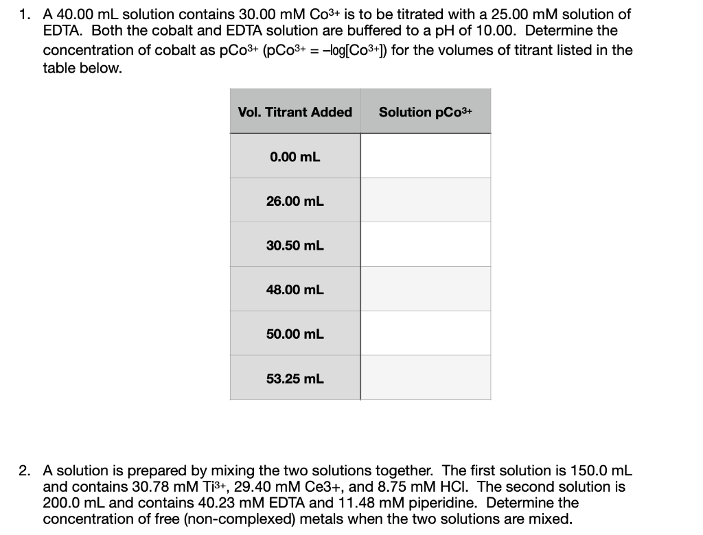 Solved 1. A 40.00 mL solution contains 30.00mMCo3+ is to be | Chegg.com