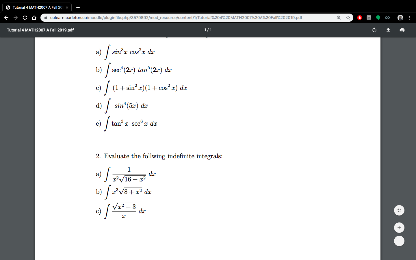 Solved Tutorial 4 MATH2007 A Fall 20x + f → C O c | Chegg.com