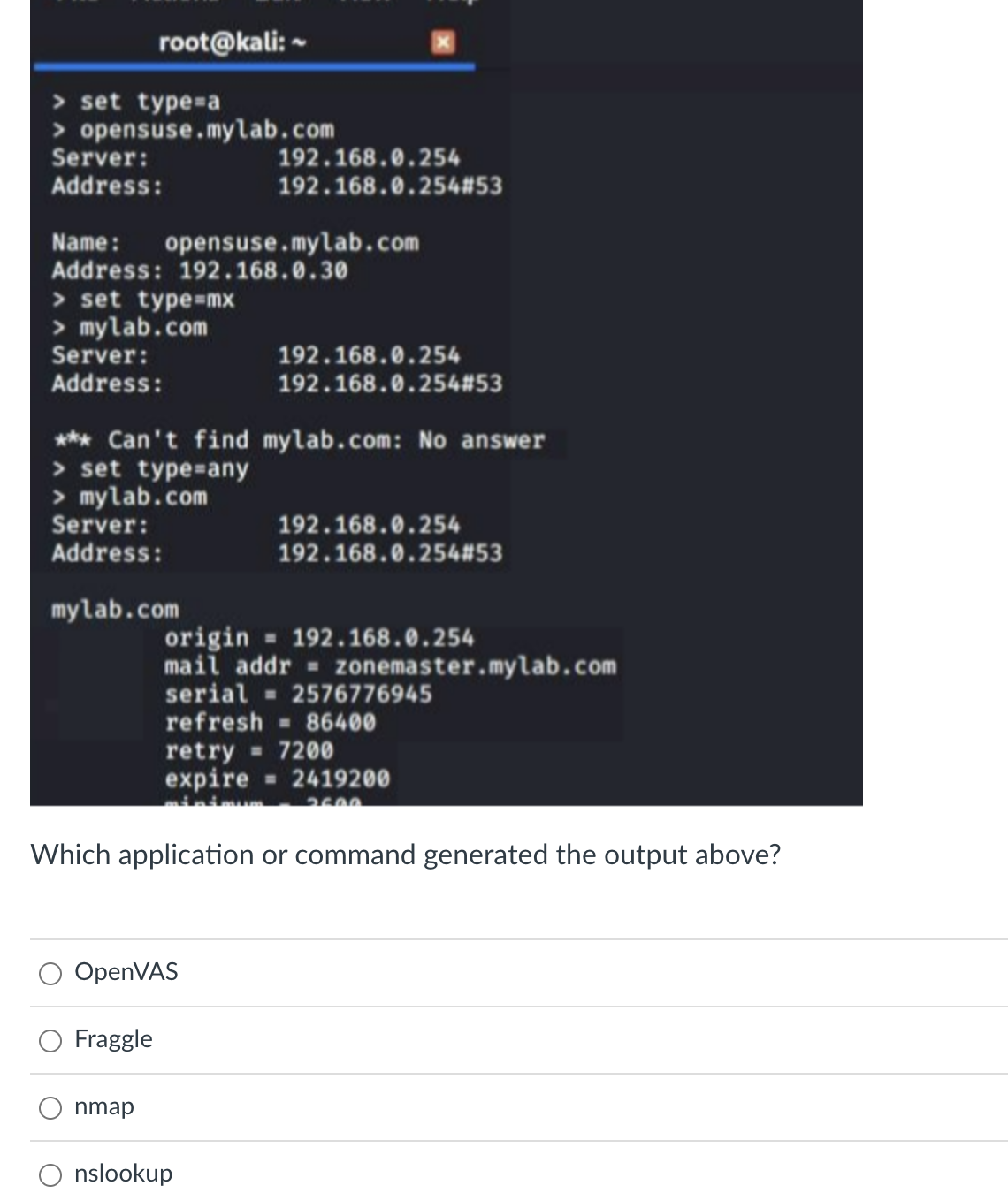 Solved root@kali:> ﻿set type =aServer: | Chegg.com