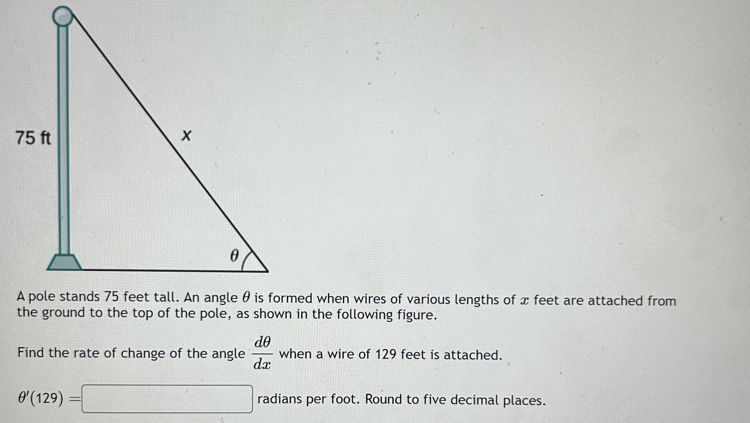 Solved A pole stands 75 feet tall. An angle θ is formed when | Chegg.com