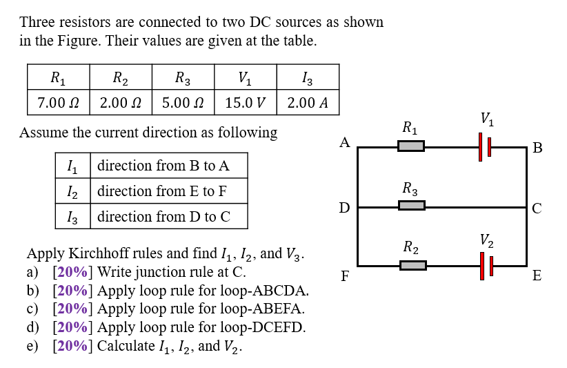 Solved Three resistors are connected to two DC sources as | Chegg.com