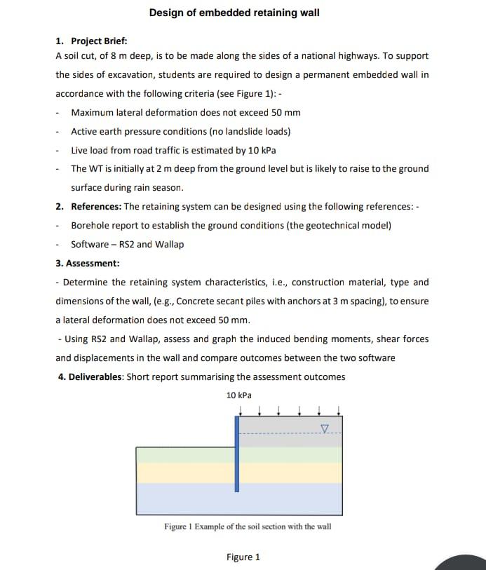 Design of embedded retaining wall 1. Project Brief: A | Chegg.com
