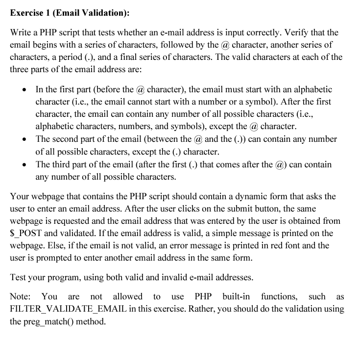 Solved Exercise 1 (Email Validation): Write a PHP script | Chegg.com