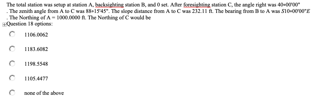 Solved The total station was setup at station A, | Chegg.com