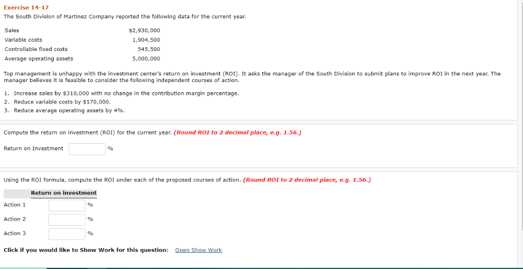 Solved Exercise 14-17 The South Division of Martinez Company | Chegg.com