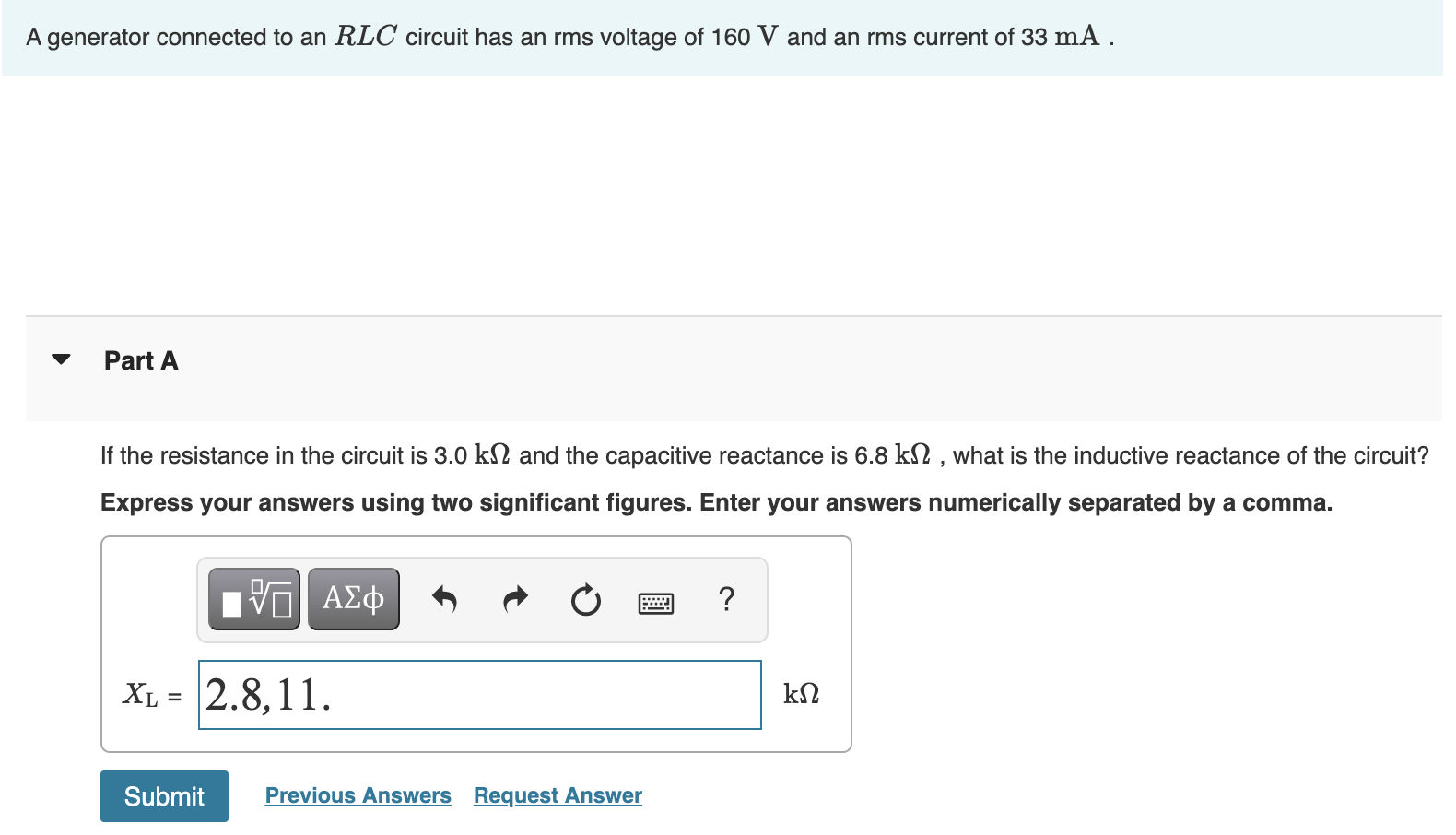 Solved A generator connected to an RLC circuit has an rms | Chegg.com