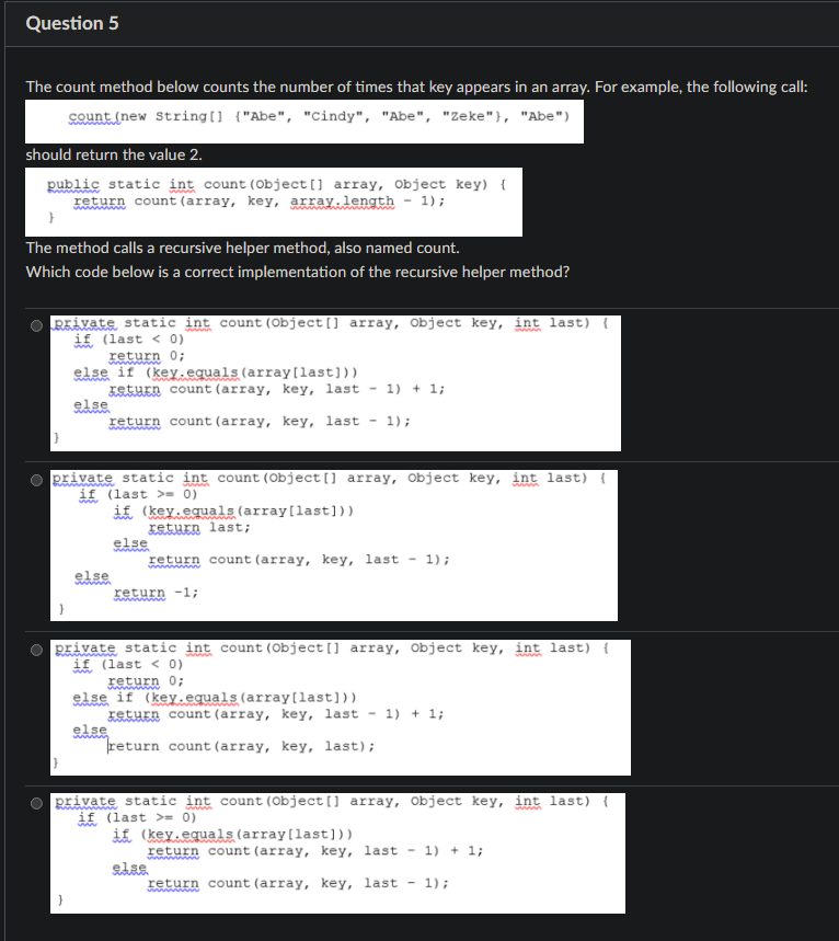Solved Question 5 The count method below counts the number | Chegg.com