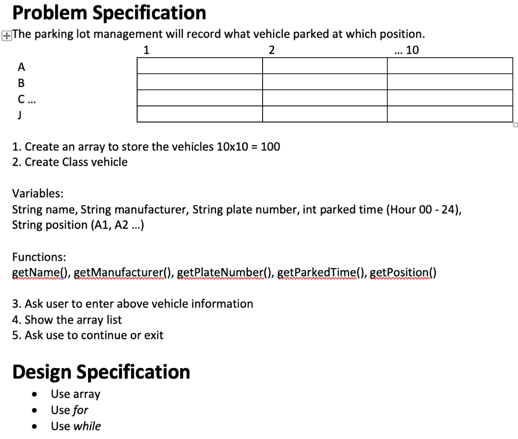 Problem Specification #The parking lot management | Chegg.com
