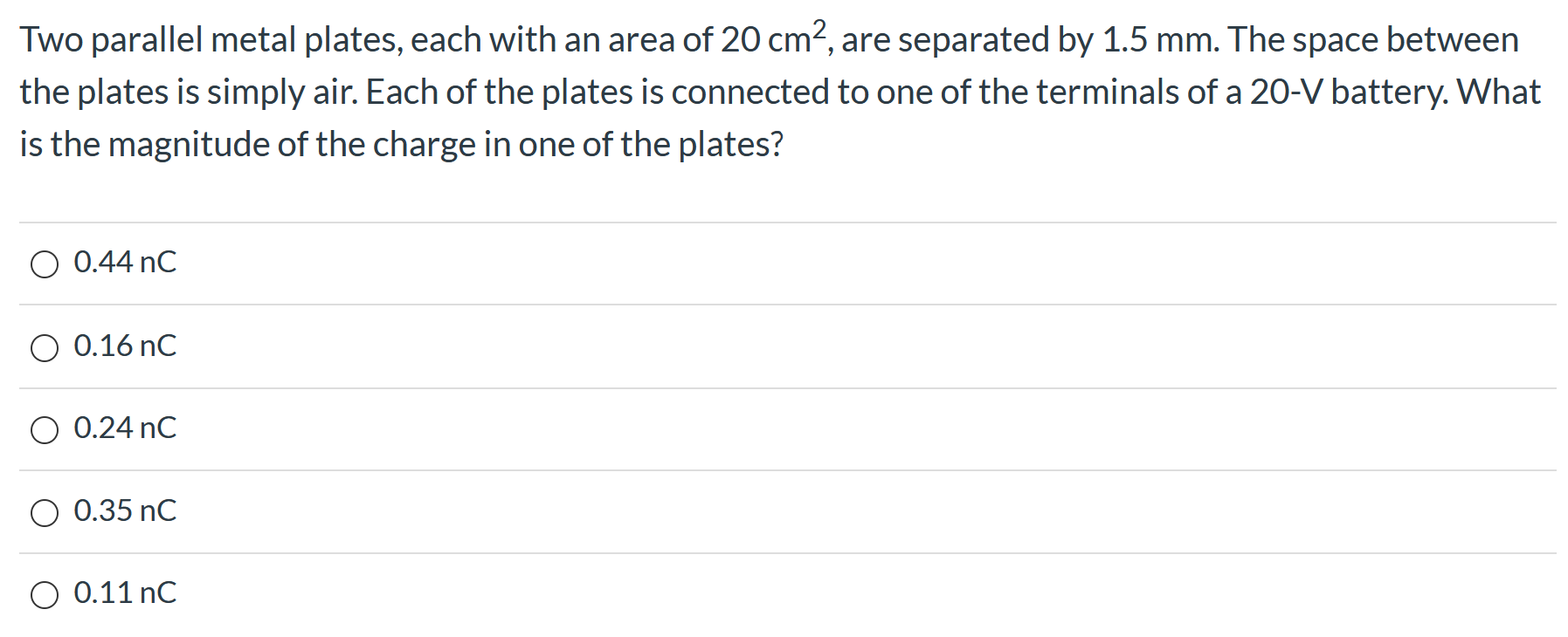 Solved Two parallel metal plates, each with an area of 20 | Chegg.com