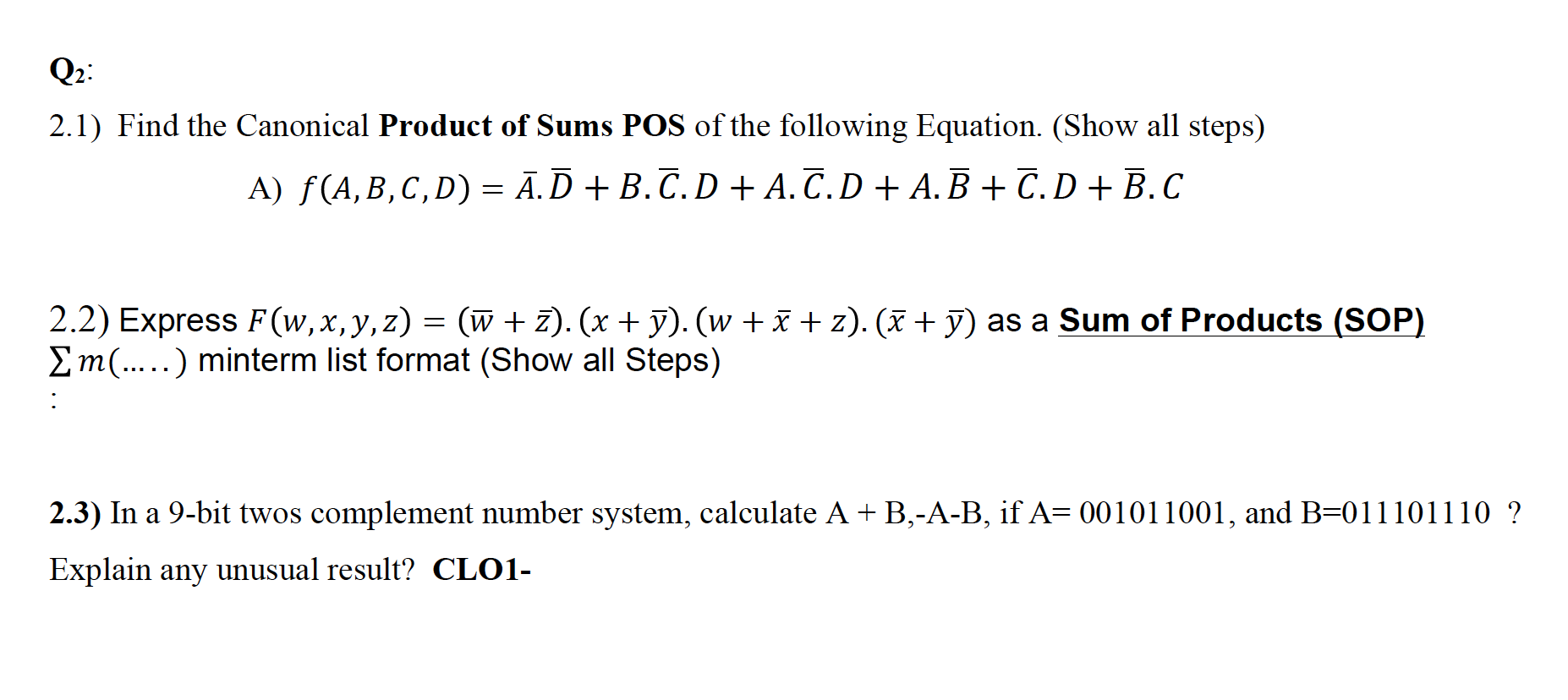 Solved Q2: 2.1) Find the Canonical Product of Sums POS of | Chegg.com