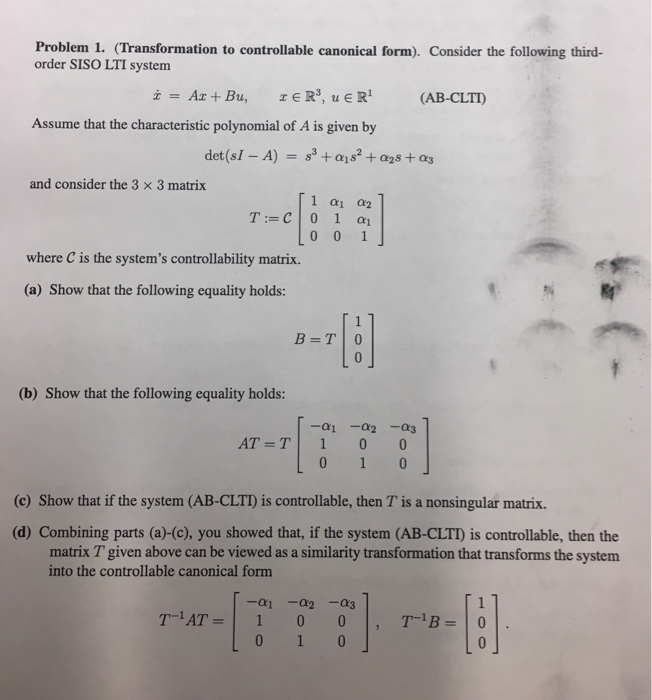 Solved Problem 1. (Transformation to controllable canonical | Chegg.com