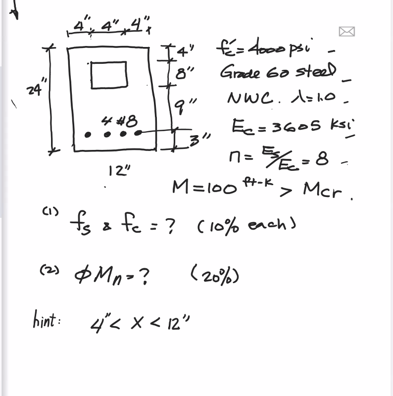 Solved fc′=4000psi - Grade 60 steel NWC. λ=1.0. Ec=3605ksi | Chegg.com