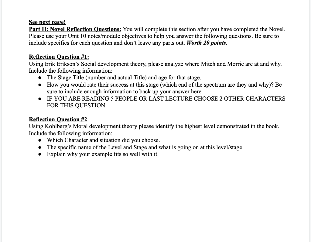 See next page! Part II: Novel Reflection Questions: | Chegg.com