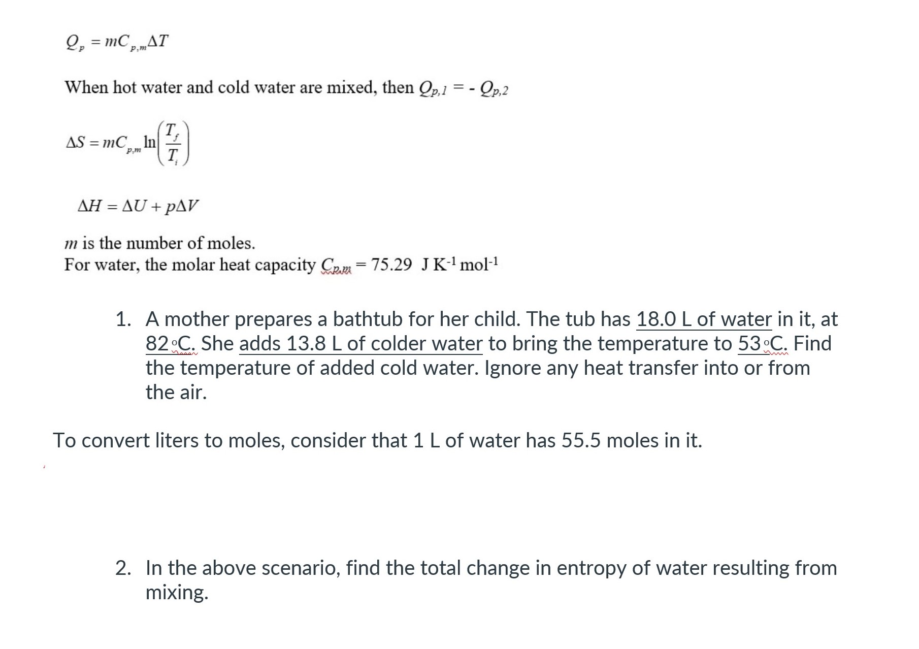 Solved Qp=mCp,mΔT When hot water and cold water are mixed, | Chegg.com