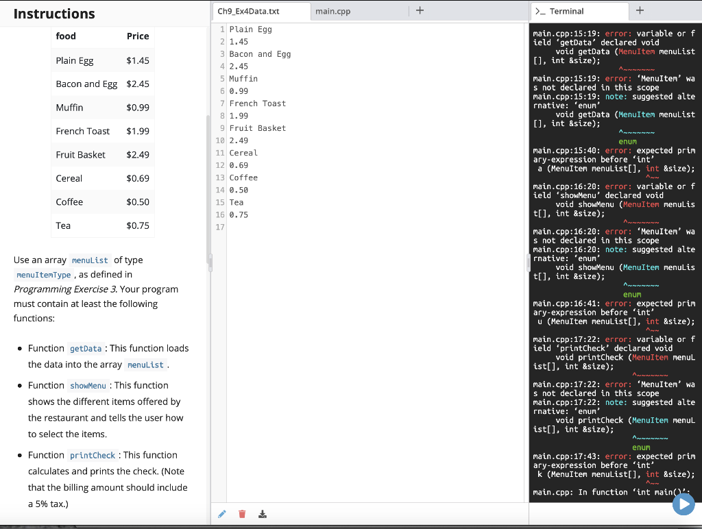 Solved Instructions Ch9_Ex4Data.txt main.cpp >_ Terminal | Chegg.com