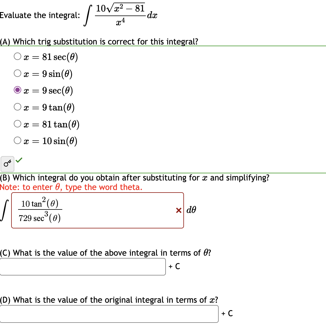 Solved (B) ﻿Which integral do you obtain after substituting | Chegg.com