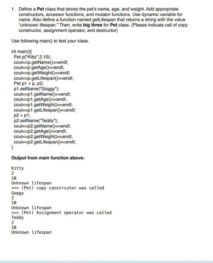 Solved 1. Define a Pet class that stores the pet's name, | Chegg.com