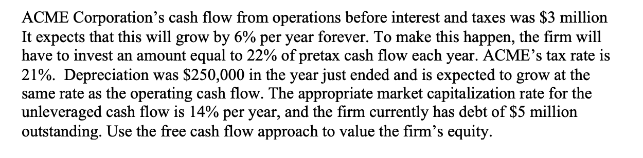 Solved ACME Corporation's cash flow from operations before | Chegg.com