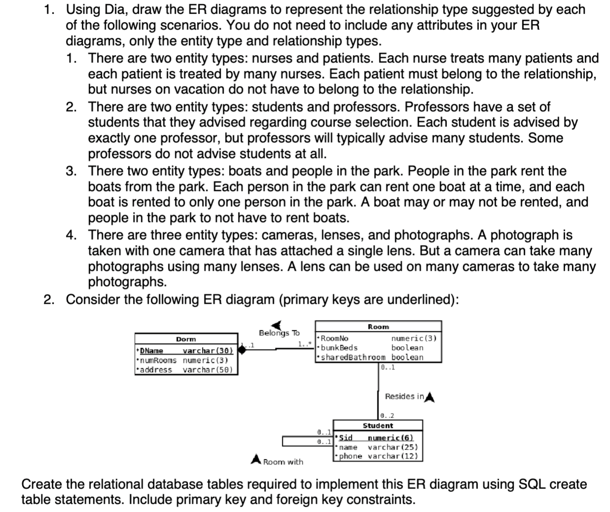 Solved 1. Using Dia, draw the ER diagrams to represent the | Chegg.com