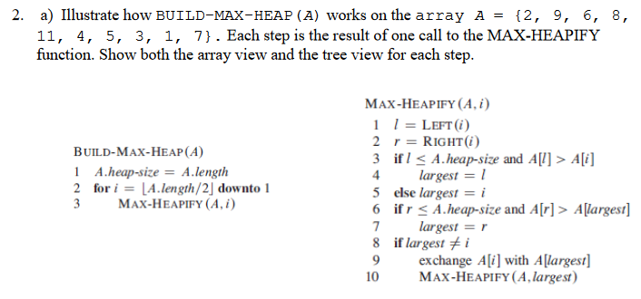 Solved 2. a) Illustrate how BUILD-MAX-HEAP (A) works on the | Chegg.com
